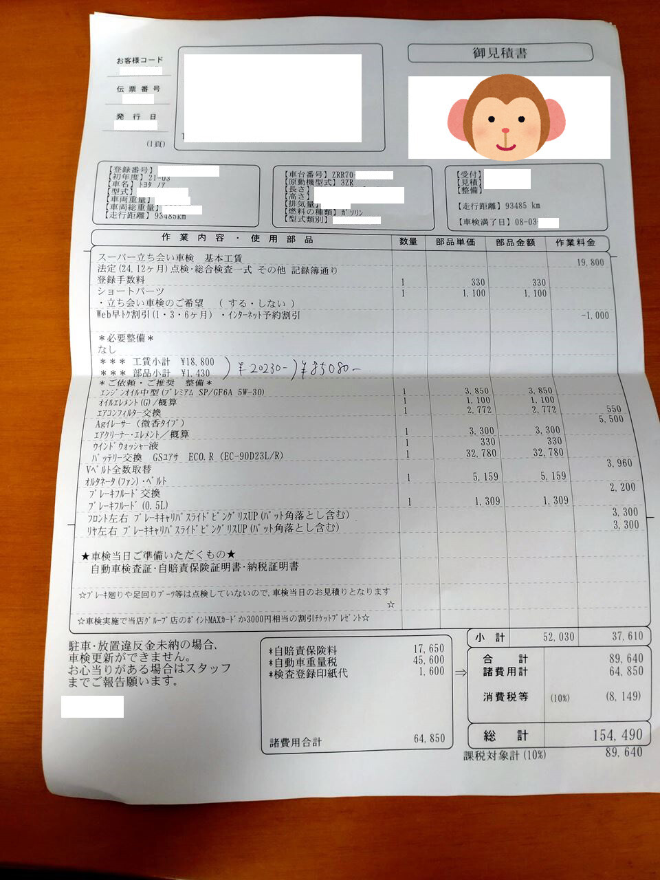 Michiruブログ : ノアの車検見積