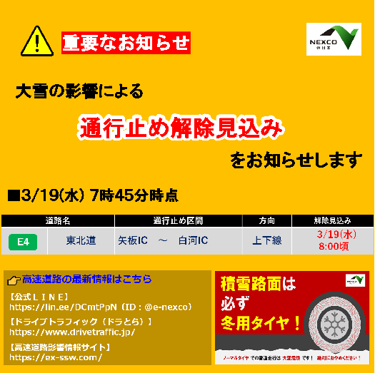 NEXCO東日本（東北）【通行止め解除見込み】 路線区間：E13東北中央道（下り線） : ニュースストライカー9
