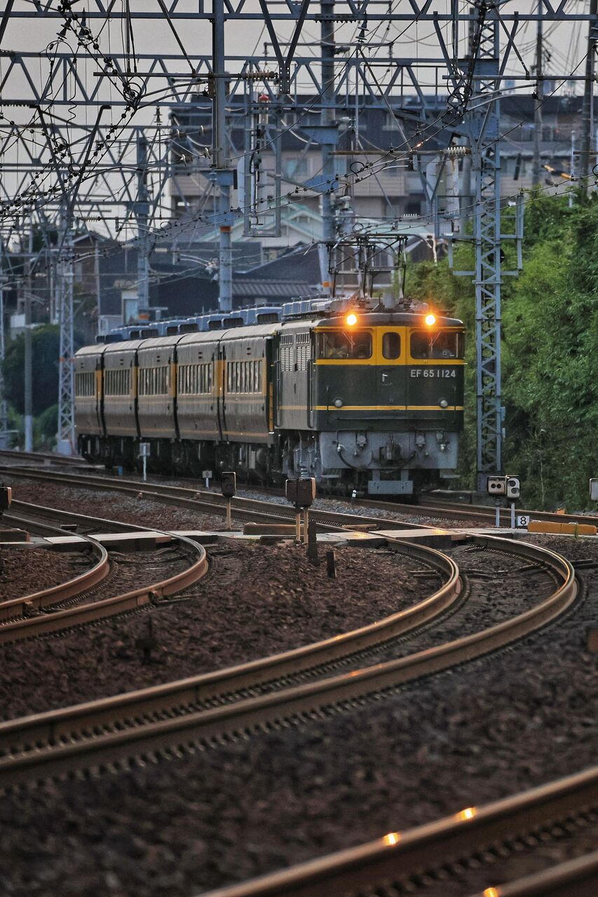 JR西日本 EF65-1124号機トワイライト色牽引 「サロンカーなにわ」5B「サロンカー晴れの国おかやま」復路＠芦屋～さくら夙川 : 鐵道写真公開所 参号機