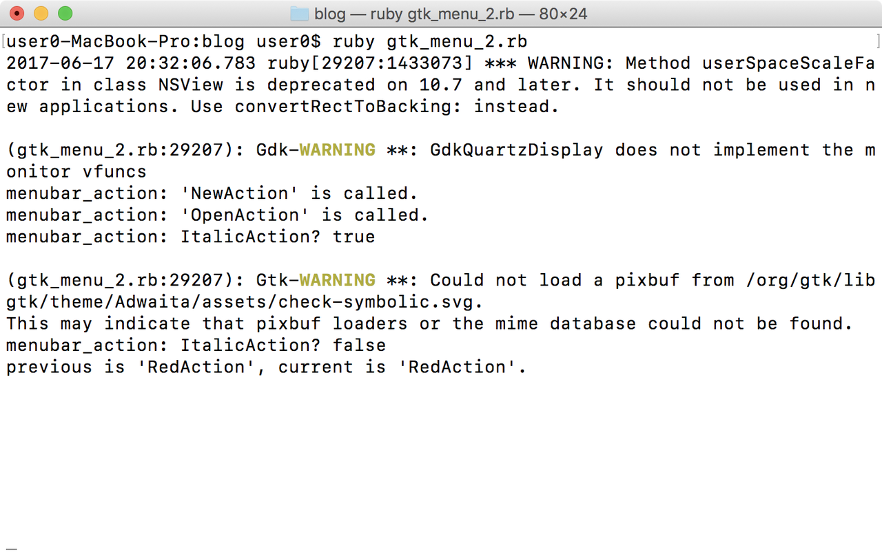 noanoa 日々の日記 : Ruby/GTK2，GTK3 プログラミング Tips（7-1）- メニュー1