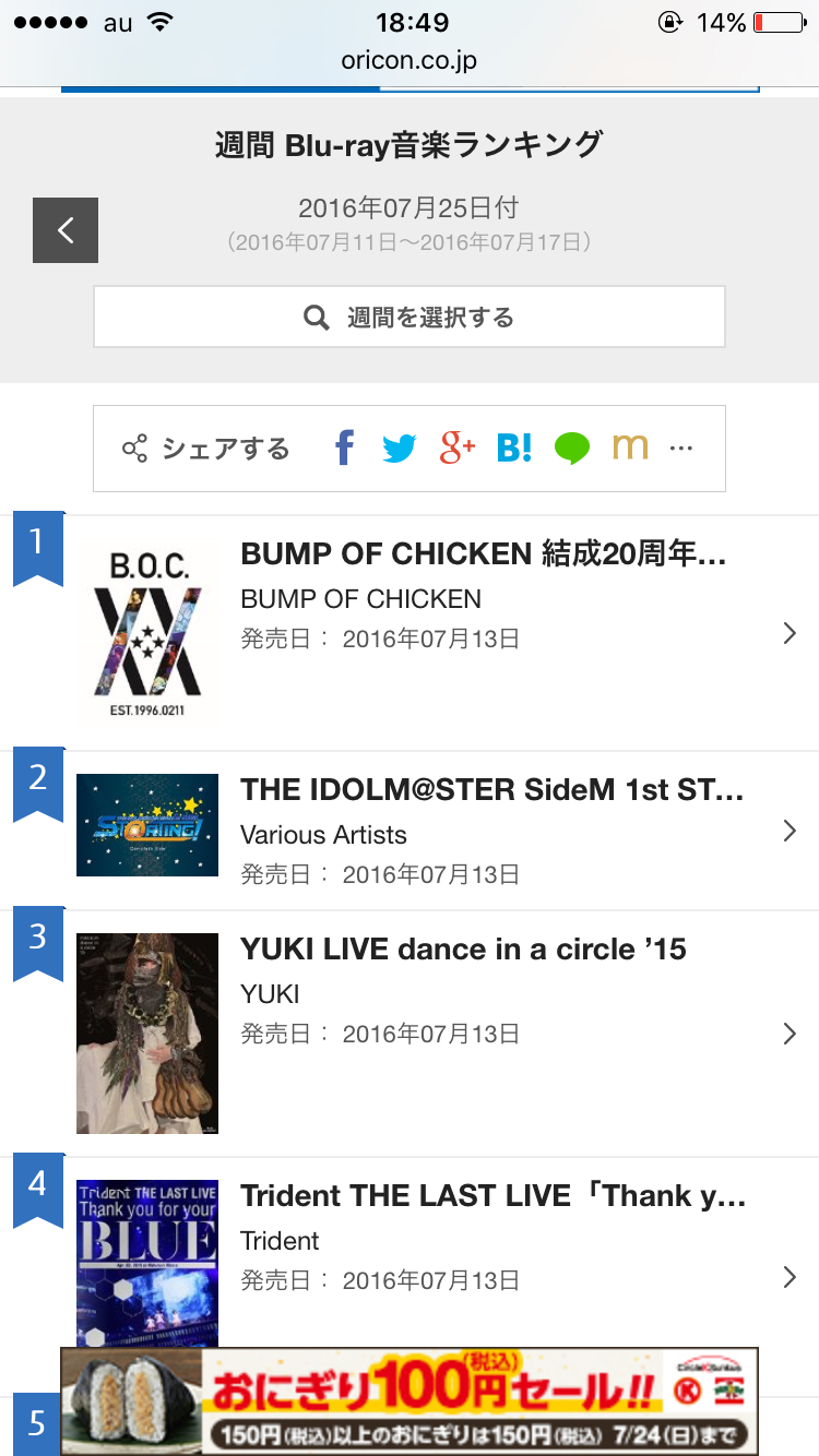 【SideM】週間BD音楽ランキングで1stLIVEのBDが2位になったお知らせ