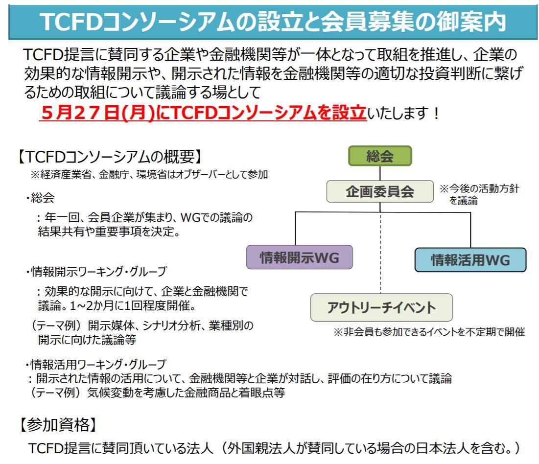 「TCFDコンソーシアム」を設立／経済産業省・金融庁・環境省がオブザーバーとして参加 : CFOのための最新情報