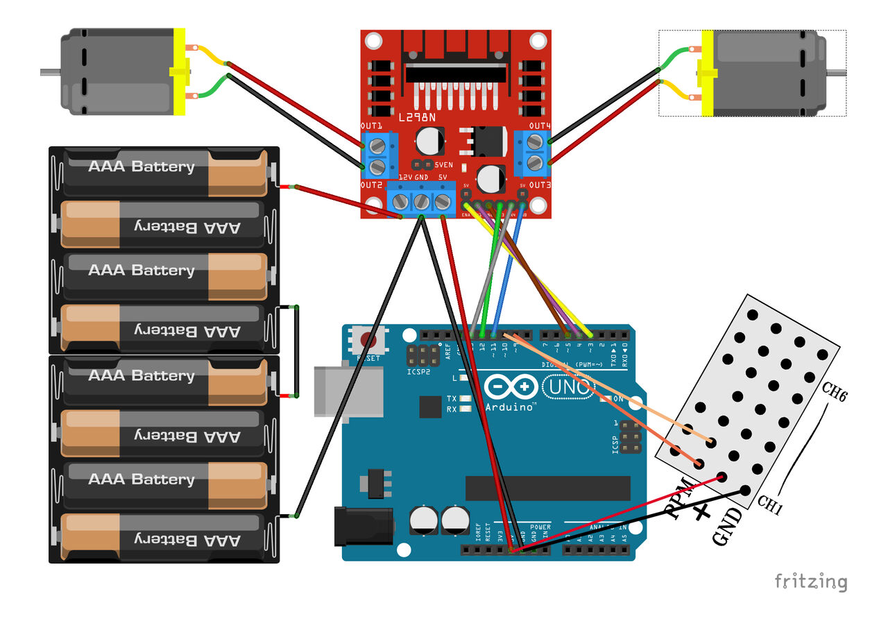 FLYSKY FS-iA6B on off speed control two motors with L298N and arduino ...