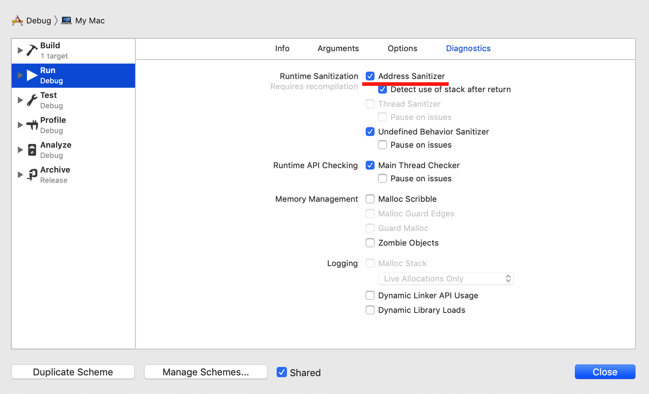 でらうま倶楽部 : 頼れるXcodeの機能「Address Sanitizer」