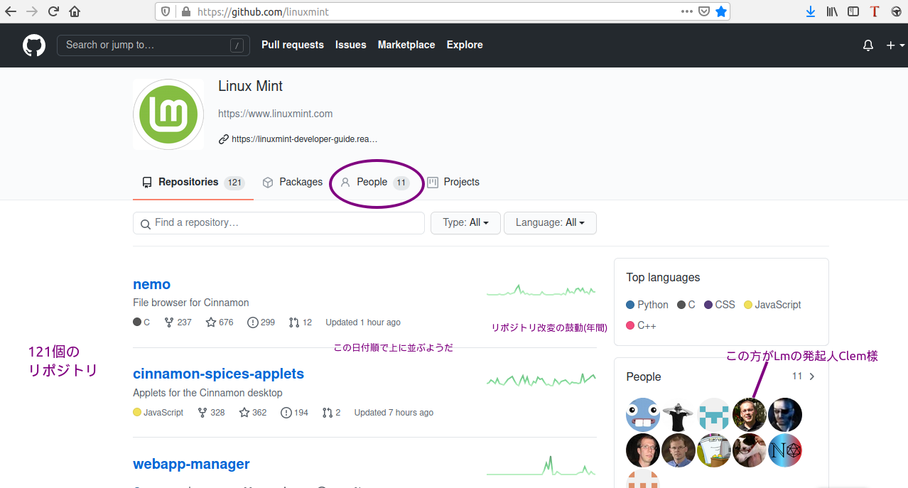 Linux Mint 開発現場見学､Github : ご年配Linux