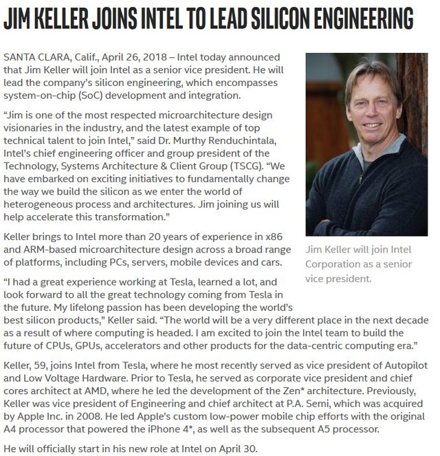 Intel、ジム・ケラー氏(Jim Keller)が上級副社長として加わることを正式発表 : 汎用型自作PCまとめ