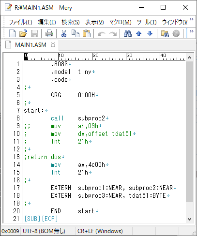 [DOS][ASM]34-JWasmとWarpLinkでCOM形式作成5 : wnc develop 記録