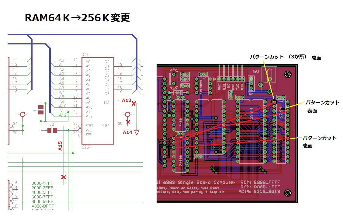 SBC6809のRAM256Kビット化，PIA追加 : じじいの電子実験室